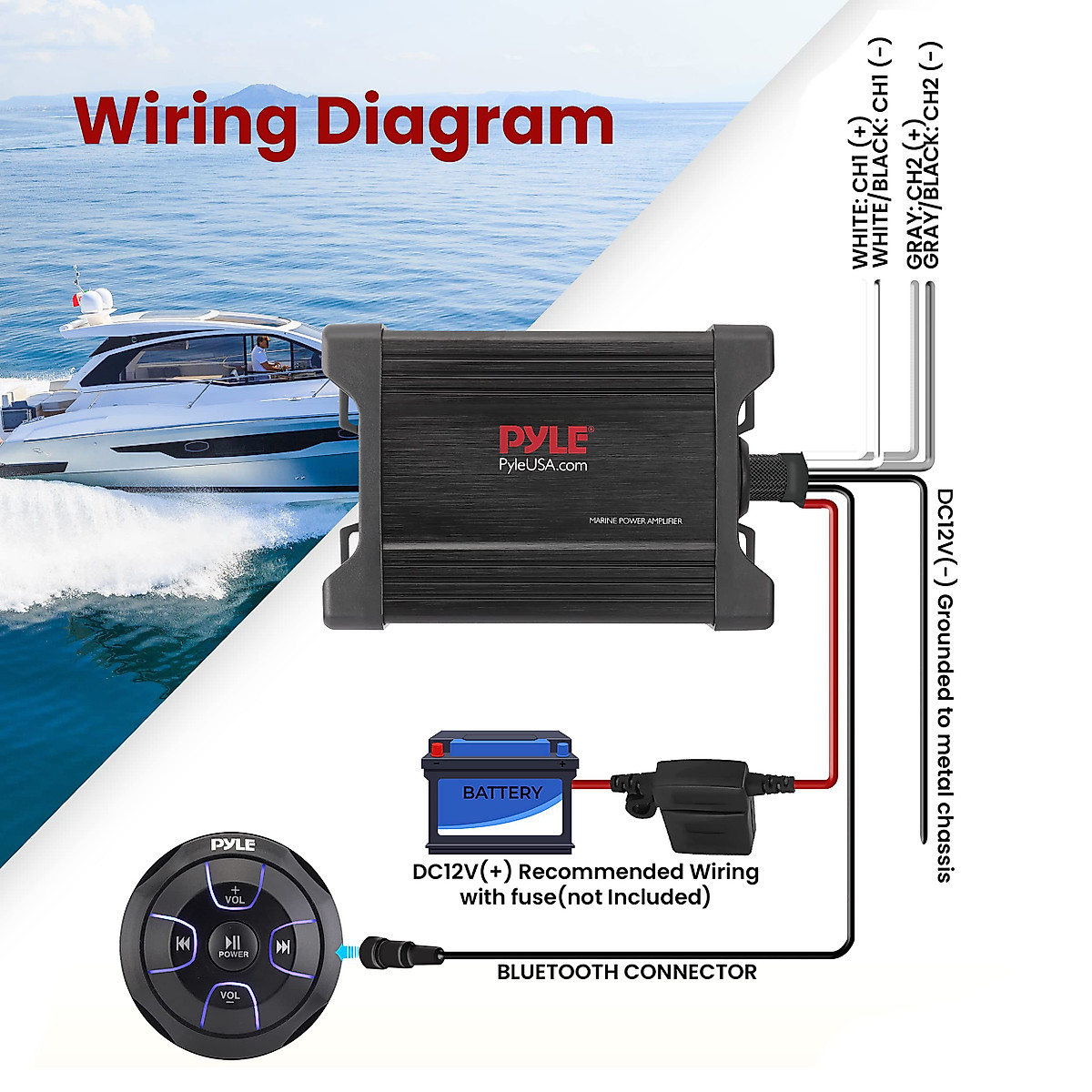 Pyle Waterproof Bluetooth Marine Amplifier Receiver - Weatherproof 2 Channel Wireless Amp for Stereo Speaker with 600 Watt Power, Wired RCA, AUX and MP3 Audio Input Cable - (Black)