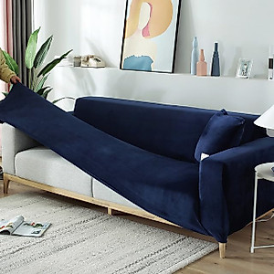 EURHOWING Stretch Velvet Sofa Cover for 4-Seaters Sofa,Anti-Slip Soft Couch Cover Sofa Slipcover w Pillowcase,Washable Furniture Protector with Anti-Skid Foam and Elastic Bottom,Navy Blue