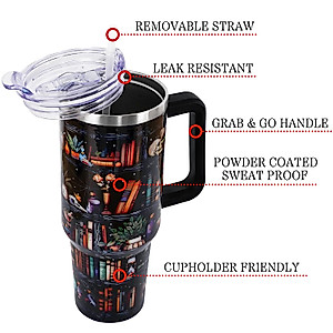 Book Lovers Gifts 40oz Tumbler with Handle and Straw Lid,Vacuum Insulated Leak Proof Tumbler bookish gifts for Women Readers Librarian,Book Accessories Stainless Steel Travel Mug,Skull Bookshelf