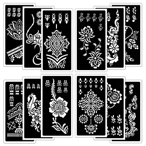Qpout Tattoo Stencils For Kids Adults, 12 Sheets Henna Stencils for Hands,Henna Tattoo Stencil Kit, Mehndi Stencils for Hands, Tattoo Stencils for Real Tattoos, Airbrush Tattoo Stencils
