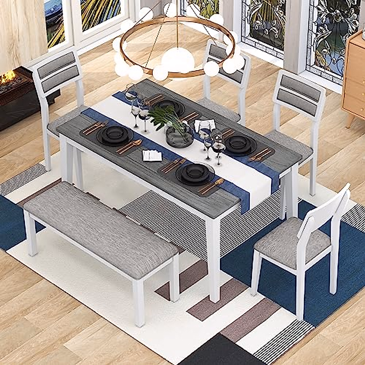 Goozio 6 Piece Dining Table Set,Wood Dining Table and 4 Upholstered Chairs and Bench with Cushion, Classic Traditional Style Kitchen Table Set for 6 Person,White+Gray