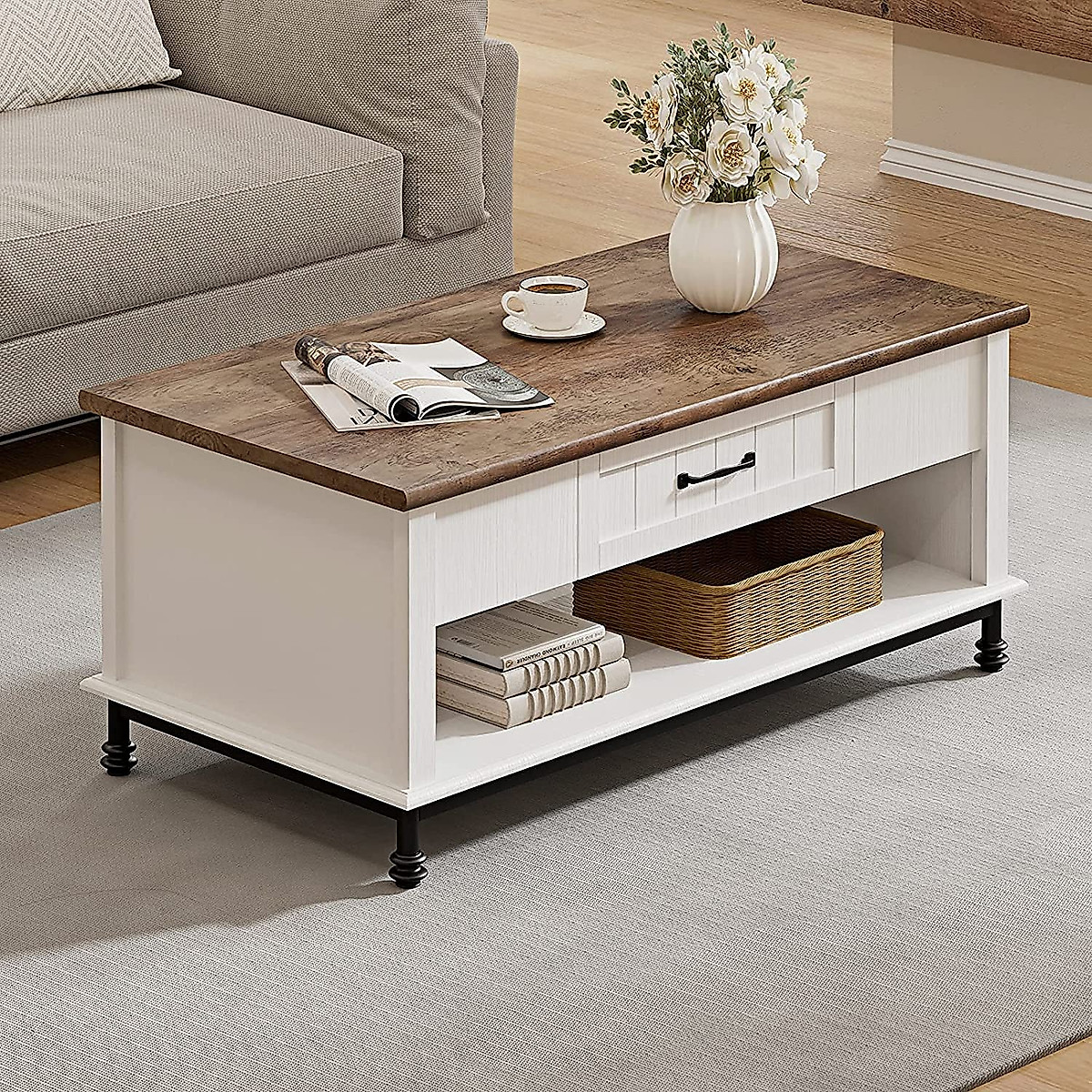 WAMPAT Premium Farmhouse Coffee Table Set of 2 for Living Room, 1 Large Rectangle Center Table with Storage Drawers, 1 End Side Table with Charging Station for Living Room, White/Oak