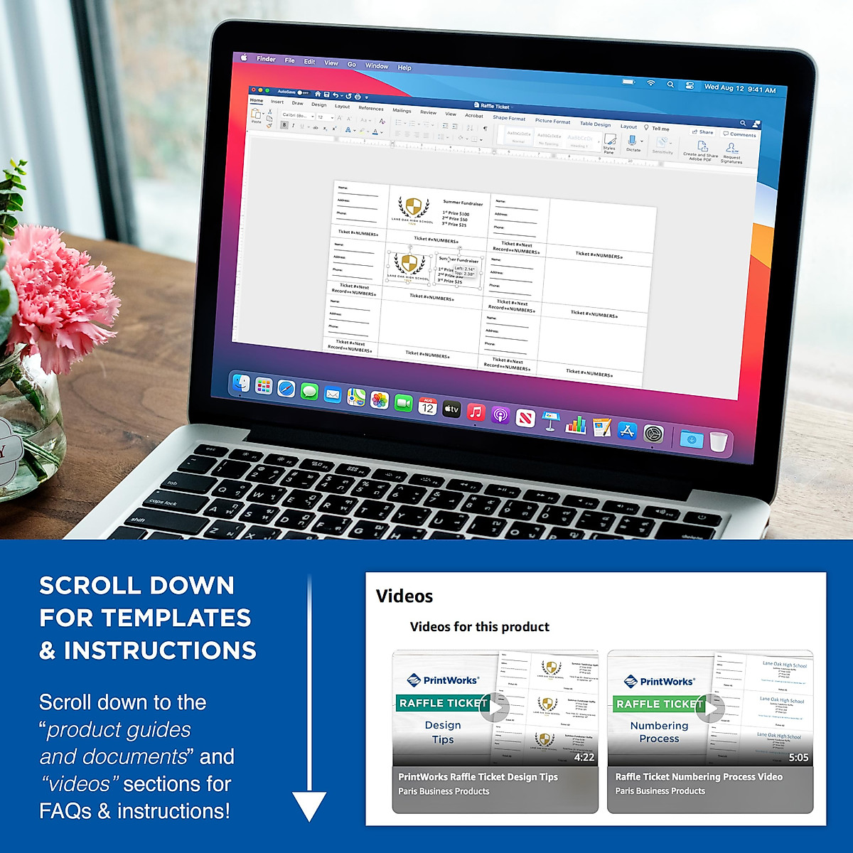 PrintWorks Raffle Tickets, Perforated Cardstock for Tickets with Tear-Away Stubs, 8.5 x 11, 67lb/147gsm, 4 Tickets Per Sheet, 250 Sheets, 1000 Tickets Total, White (04295) (2.75 x 8.5)