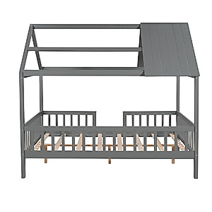 SOFTSEA Full Size House Bed with Storage Drawers, Wood Bed Frame with Guardrails and Slide Ladder, House Shaped Bed for Kids, No Box Spring Needed, White