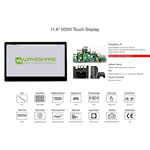waveshare 11.6inch Capacitive Touch LCD Screen Compatible with Raspberry Pi4B/3B+/3A+/2B/B+/A+/Zero/Zero W/WH/Zero 2W CM3+/4 1920×1080 Resolution HDMI IPS Supports Jetson Nano/Windows