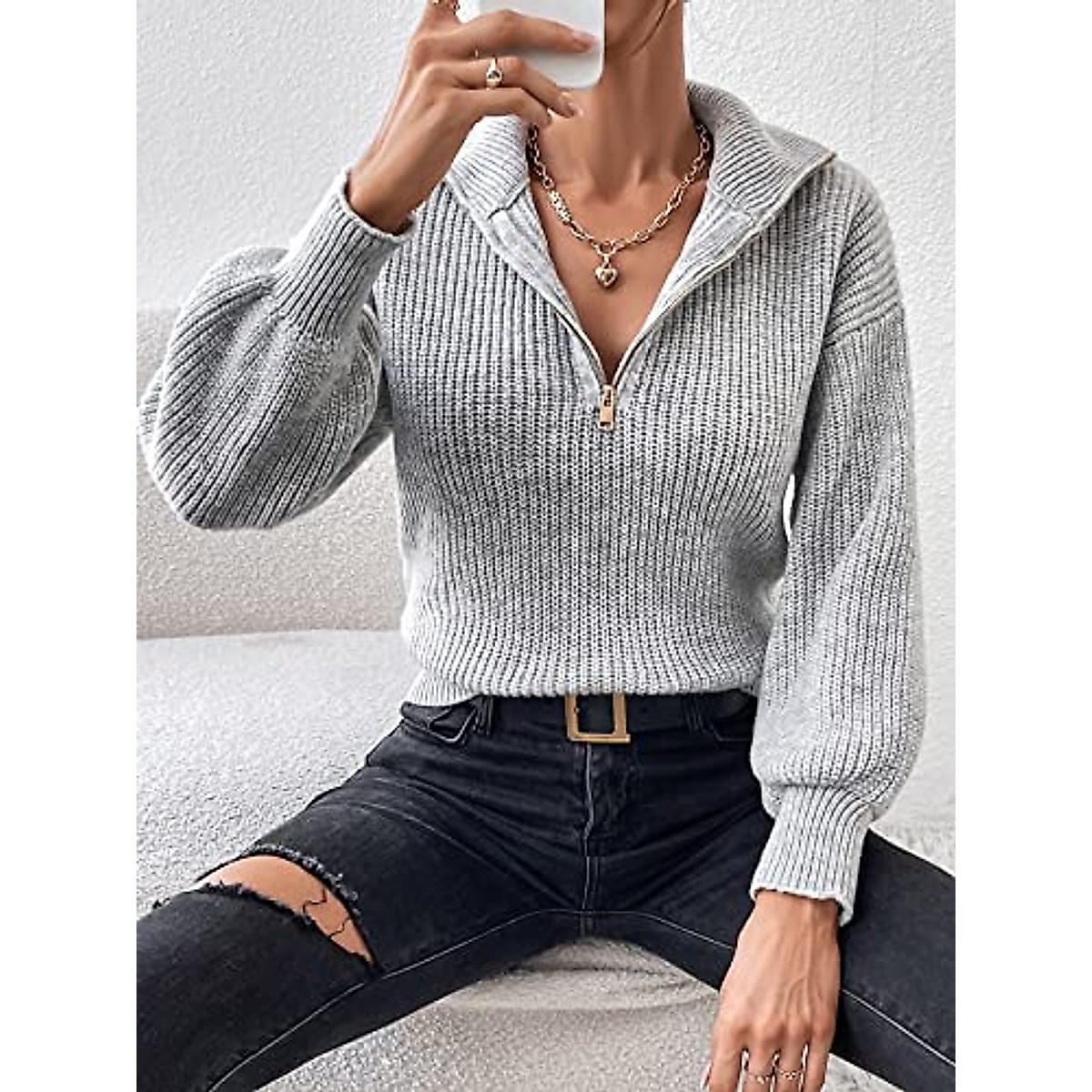 Verdusa Women's Casual Zip Up Long Sleeve Pullover Sweater V Neck Collar Knitted Top Light Grey S