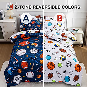 A Nice Night 6Pcs Bed in A Bag Full Sports Microfiber Modern Comforter Set,Navy Rugby Ball Printed Bedding Collections,for Boys Kids Teen