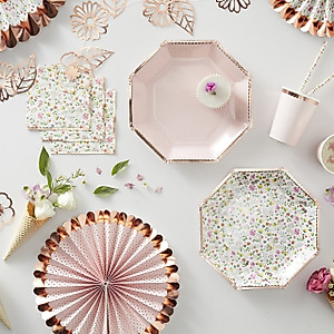 Floral & Rose Gold Foiled Party Fan Decorations - 5 Pack