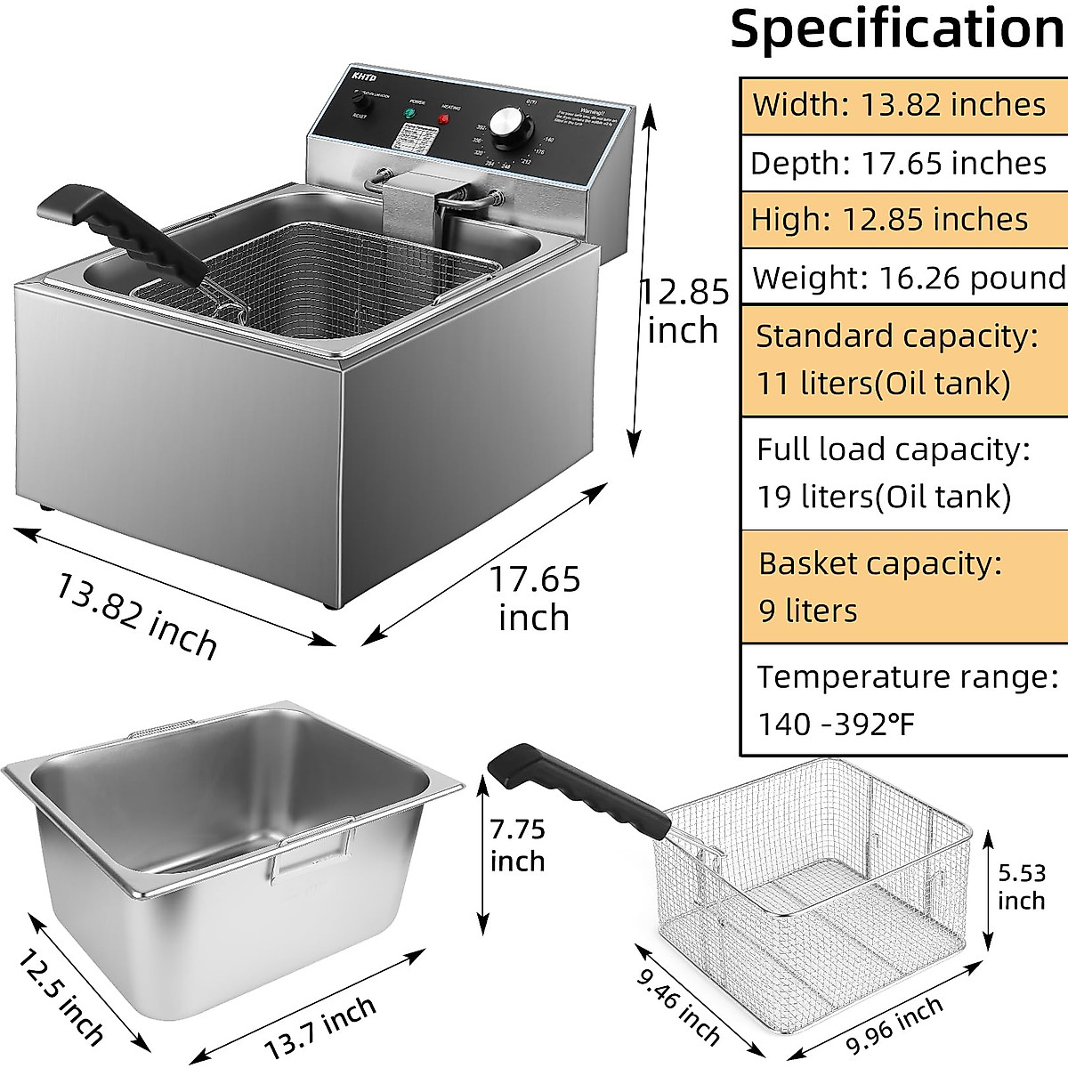 KHTD Commercial Deep Fryer, 11.6QT/11L Extra Large Electric Stainless Steel Countertop Oil Fryer with Baskets, with Temperature Control for Restaurant and Home Use