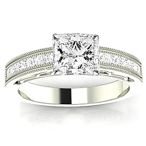 1.38 Carat 14K White Gold Channel Set Princess Cut Diamond Engagement Ring with Milgrain with a 1 Carat Moissanite Center