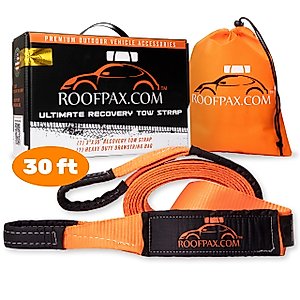 Tow Strap by RoofPax | 3" x 30 ft. Off Road Recovery Rope | 30,180 lb Break Strength Capacity | Heavy Duty Winch Strap with Triple Reinforced End Loops | Essential Recovery Kit for Getting Off-Road