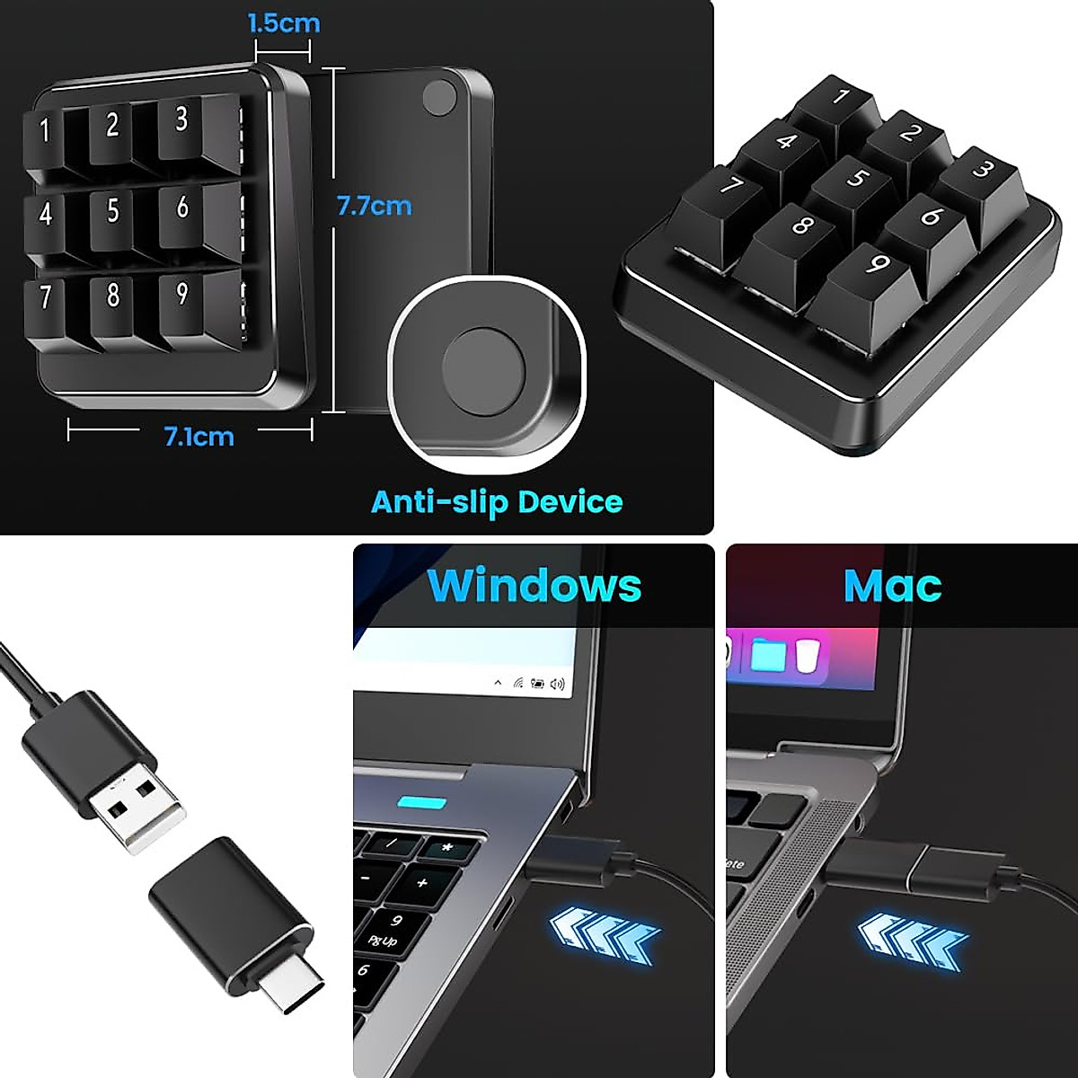 AIRUSAN One-Handed Mechanical Keyboard, RGB LED Backlit Macro Keyboard, 9 Fully Programmable Keys Support One-Click Start,Hotkeys,NKRO,Fully Programmable Keys for Work & Daily Study