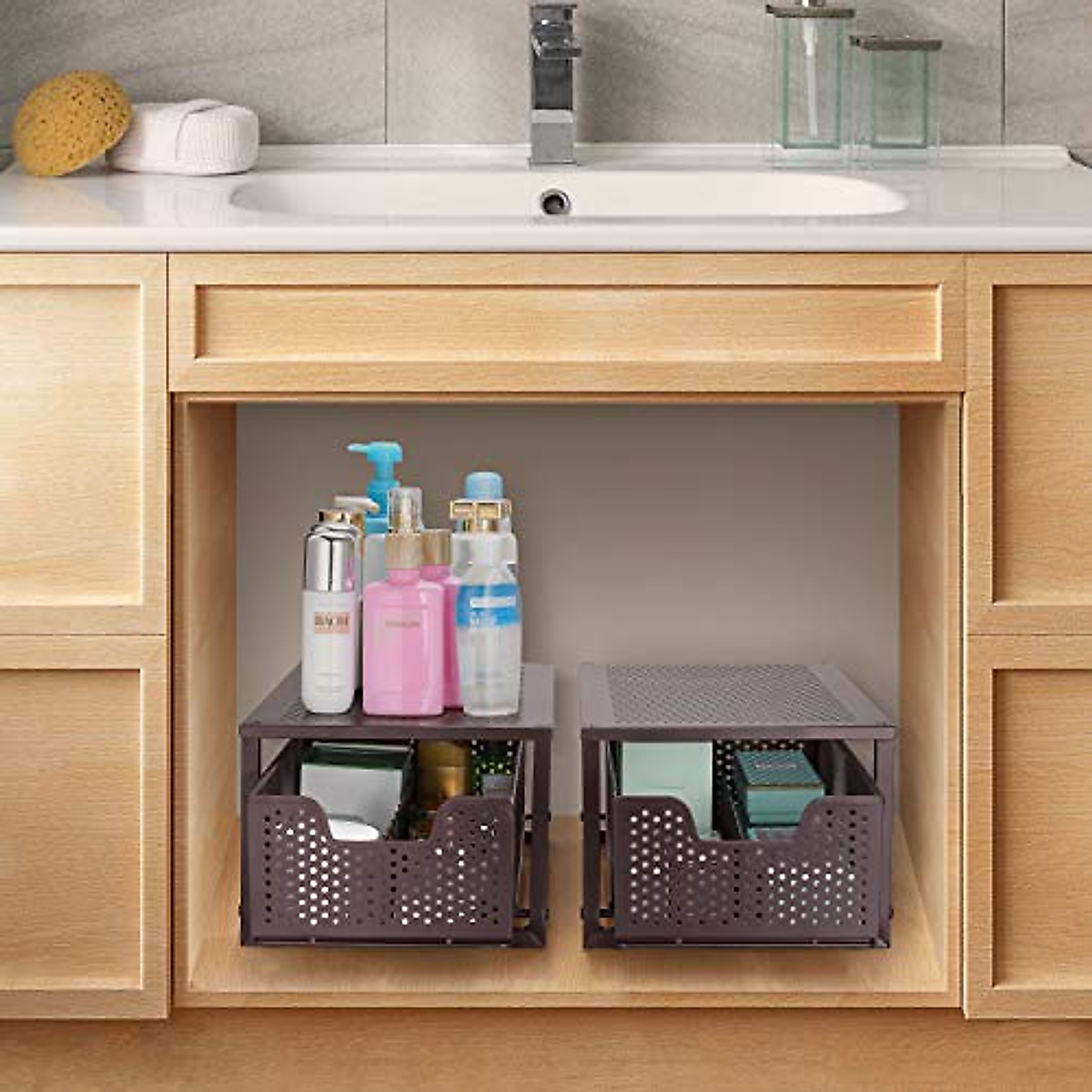 Simple Trending Under Sink Cabinet Organizer with Sliding Storage Drawer, Desktop Organizer for Kitchen Bathroom Office, Stackable, Bronze