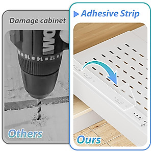 OVICAR Pull Out Cabinet Organizer - Expandable Slide Out Drawer - 21" Deep Adhesive Storage Shelf with 4pcs Divider Racks for Kitchen Pantry Bathroom Home, 12.2"-20.7" W, White