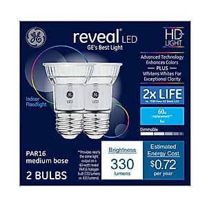 GE Reveal 2-Pack 60 W Equivalent Dimmable 3000K Color-Enhancing Par16 LED Light Fixture Light Bulbs