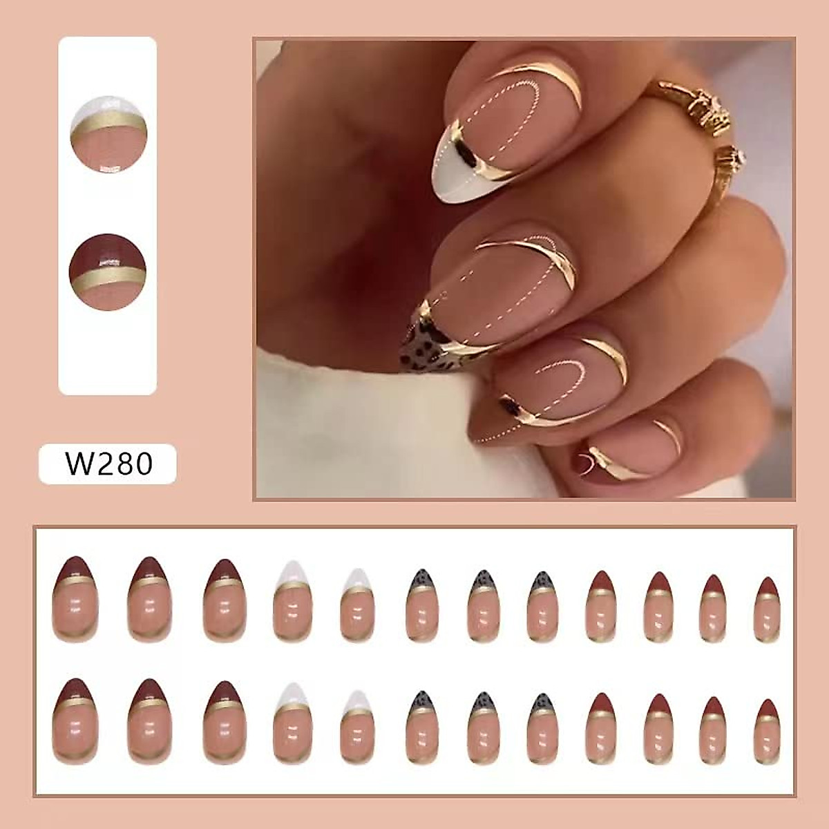 24 Pcs Almond Press on Nails French Tip Fake Nails Oval Shape False Nails with Gold Line Stripes Foil Leopard Designs Glossy Full Cover Glue on Nails Acrylic Nails for Women Girls DIY Maniture Decorations
