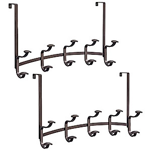 mDesign Decorative Metal Over Door 10 Hook Storage Organizer Rack for Coats, Hoodies, Hats, Scarves, Purses, Leashes, Bath Towels, Robes, Clothing - Hydra Collection - 2 Pack - Bronze