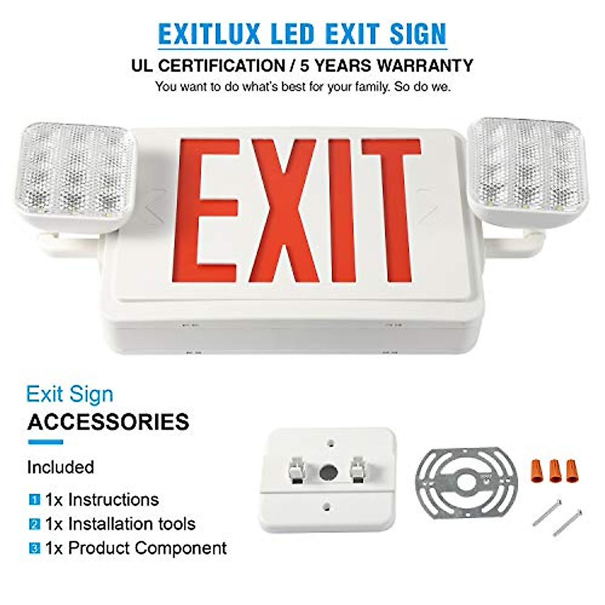 EXITLUX 6 Pack Red Led Emergency Exit Lights with Battery Backup-Two LED Adjustable Head Emergency Exit Lights -US Standard UL Listed &CEC Qualified-120V-277V-Emergency Lights for Home Power Failure