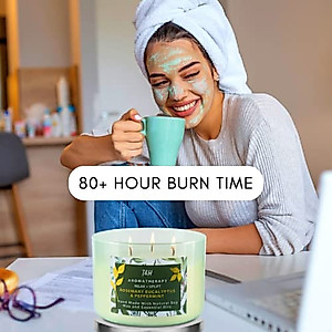 Rosemary Eucalyptus & Peppermint Scented Candle with Lavender & Thyme, Refreshing Stress Relief Aromatherapy Candle 3-Wick 15.8 oz, Strong Eucalyptus Mint Candles for Home Scented, Natural Soy Candles