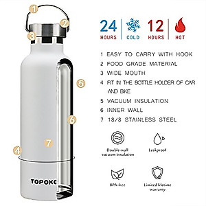 TOPOKO 25 oz Stainless Steel Vacuum Insulated Water Bottle, Keeps Drink Cold up to 24 Hours & Hot up to 12 Hours, Leak Proof and Sweat Proof. Large Capacity Sports Bottle Wide Mouth Metal Lid (White)
