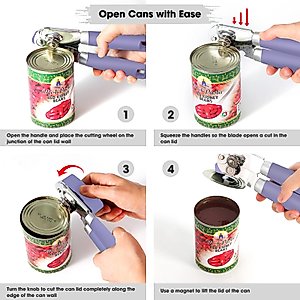 Can Opener Manual, Can Opener with Magnet, Hand Can Opener with Sharp Blade Smooth Edge, Handheld Can Openers with Big Effort-Saving Knob, Can Opener with Multifunctional Bottles Opener, Purple