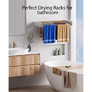 MrToNo Laundry Drying Rack Collapsible, Wall Mounted Drying Rack, Clothes Drying Rack, Retractable Drying Rack,13.2 Linear Ft, 5 Aluminum Rods, 60 lb Capacity (White, 40'')