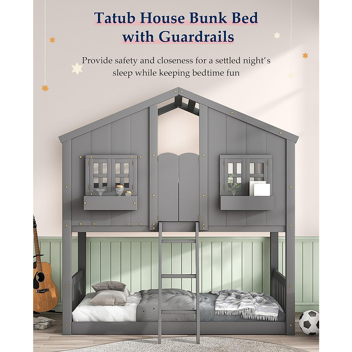 Tatub House Bunk Bed Twin Over Twin Floor Bunk Bed Wood Treehouse Bunk Bed with Ladder, Roof, Windows, Door and Storage, House Bunk Beds Frame for Kids Teens