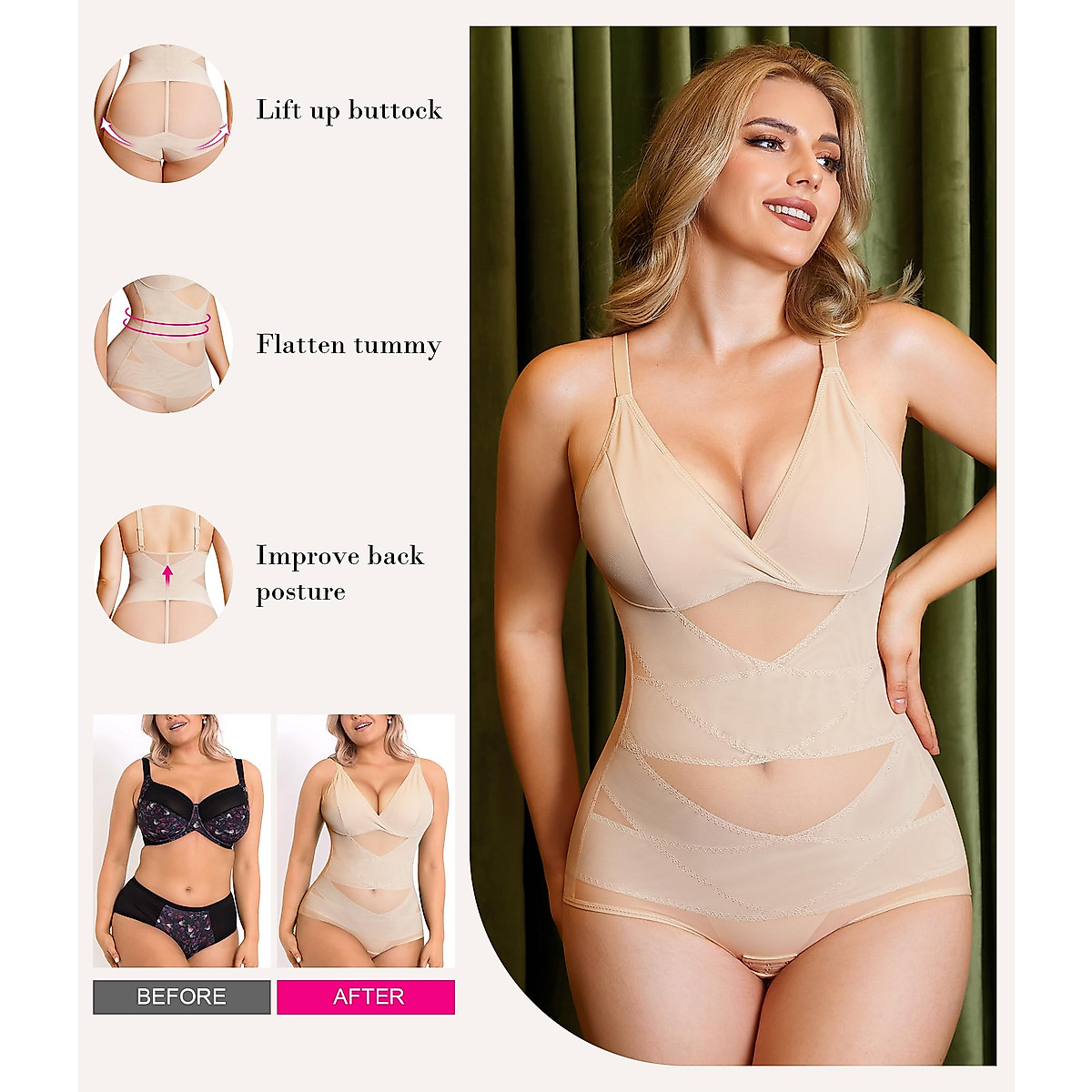 Nebility Women V Neck Shapewear Tummy Control Bodysuit Tank Top Full Body Shaper One Piece Cami Leotard (Large, Beige Normal Size)