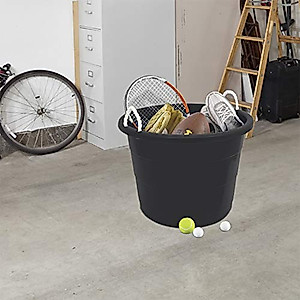 Homz Durable Plastic 17 Gallon Stackable Round Utility Storage Container Bucket Tub with Strong Nylon Rope Handle, Black (4 Pack)