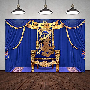5×3ft Royal Little Prince Boy King Baby Shower Backdrop Blue Curtain Gold Crown Theme Party Banner Decorations Ethnic Black Boys Newborn 1st Birthday Cake Table Supplies Portrait Shooting Photo Props
