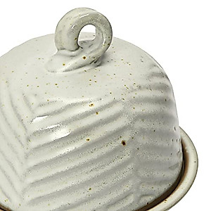 Creative Co-Op Embossed Stoneware Domed Dish with Handle, White Reactive Glaze Food Storage, 6" L x 6" W x 5" H, Multicolor