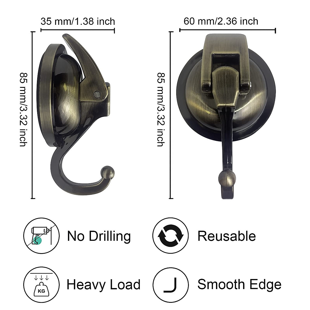 YSSILADI Suction Cup Hooks Heavy Duty Vacuum Suction Shower Hooks Glass Suction Cup Hooks Bathroom Robe Hooks Reusable, No Hole Punched, for Garland Decoration (Bronze, 4 Pack)