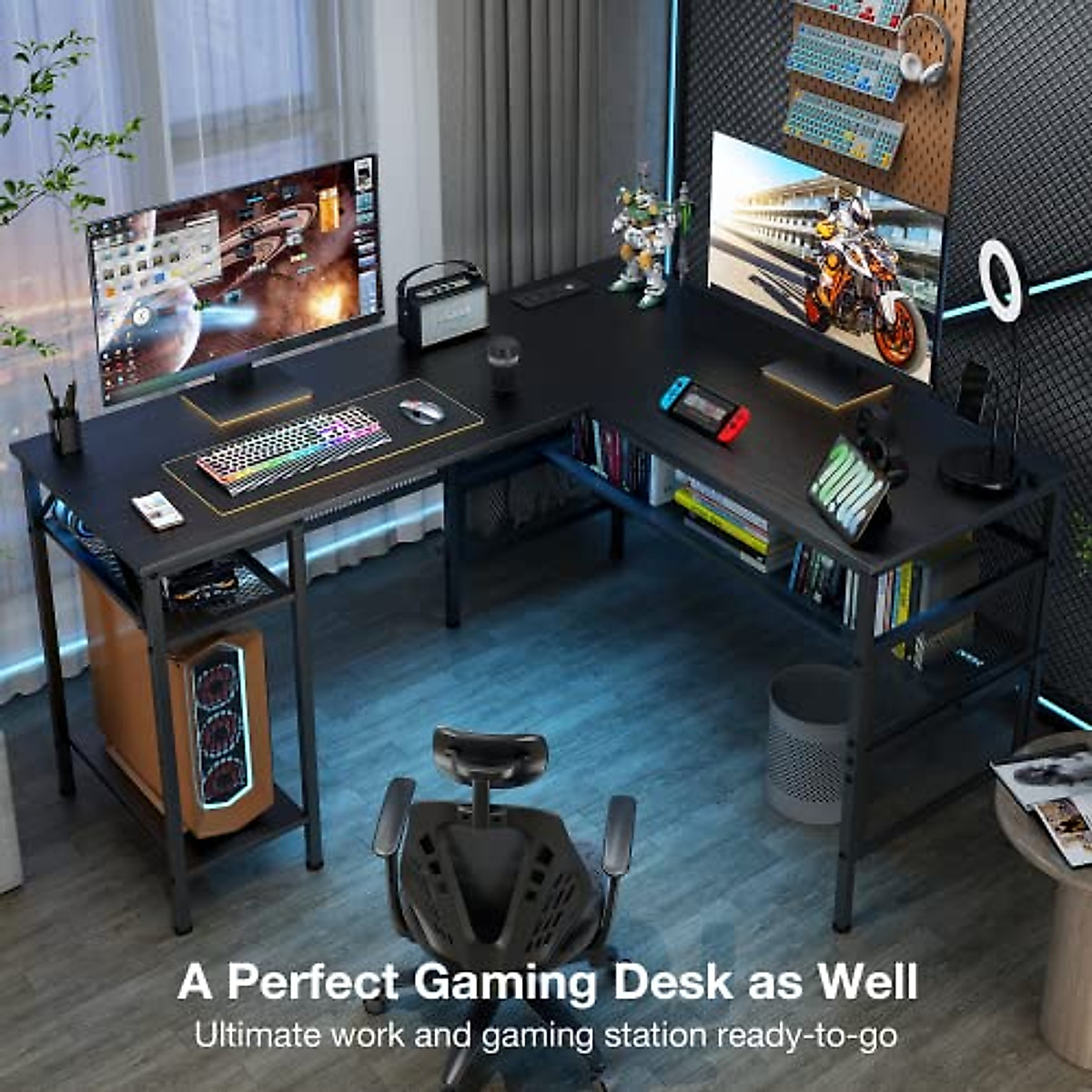Mr IRONSTONE Computer Desk with Power Outlet, L Shaped Desk with Storage Shelves, Corner Gaming Desk with USB Charging Port for Home Office for Studying/Writing/Gaming - Willow Black