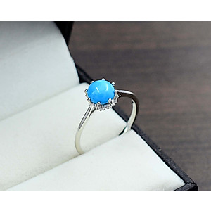 Natural Blue Sleeping Beauty Turquoise Cabochon Gemstone 7 MM Round 925 Sterling Silver December Birthstone Solitaire Unisex Proposal Ring For Engagement Gift (Rhodium Plated Silver, 7.5)