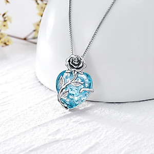 OCJ Aquamarine Necklace for Women March Birthstone Necklace 925 Sterling Silver Heart Rose Flower Pendant Jewelry Gifts for Women Her Mom Wife Daughter Friends Ladies Anniversary Birthday Gifts Ideas
