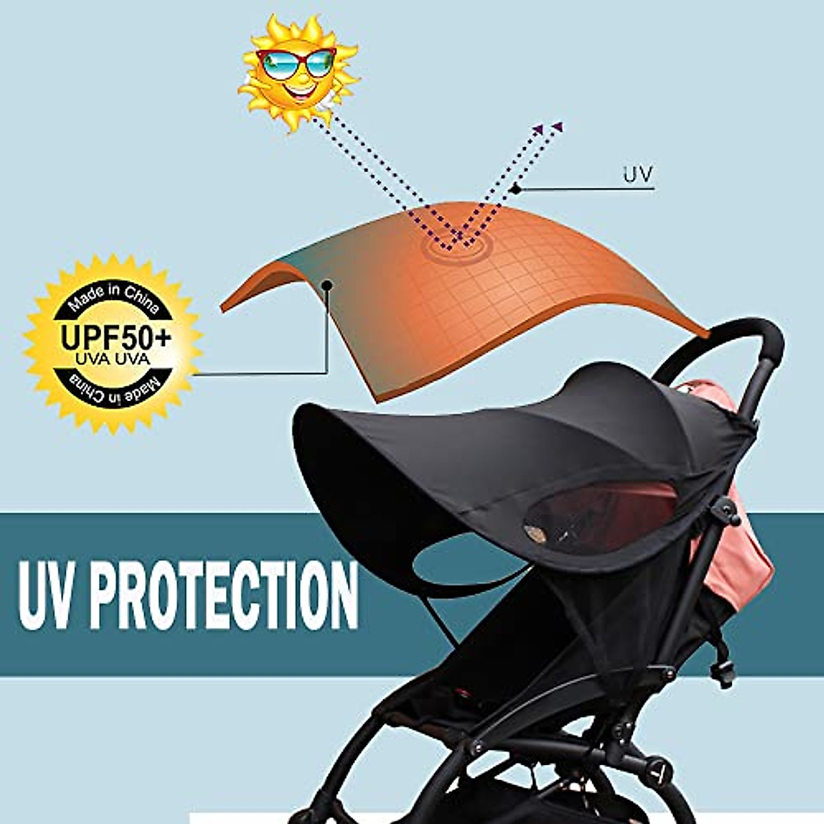 Universal Stroller Sun Cover UV Protection Baby Stroller Sun Shade Buggy Pram Sun Rain Shade Blackout Blind Canopy Cover Pushchair Sunblock Cover for Travel Park Zoo, black
