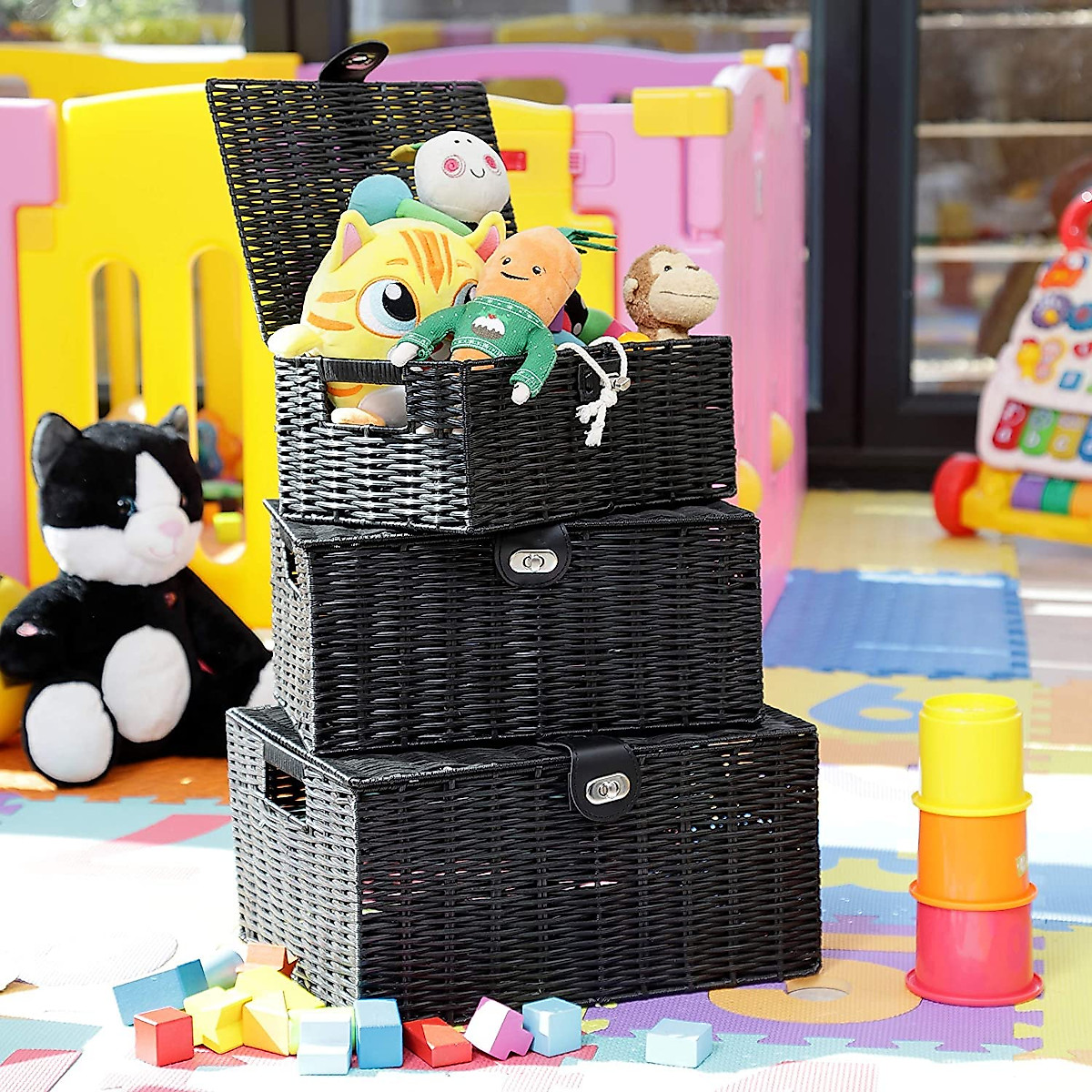 Honygebia Black Wicker Storage Baskets - Set of 3 Decorative Nesting Boxes with Lids, Woven Basket with Lock & Handle, Organizer for Beauty Makeup Bathroom Decor