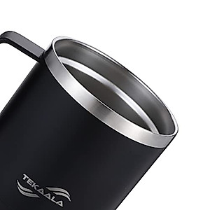 TEKAALA Stainless Steel Coffee Mug, Dishwasher safe,14 Oz Double Wall Vacuum Insulated, Durable Black PPG powder Coating, Travel Thermal Cup with lid and handle