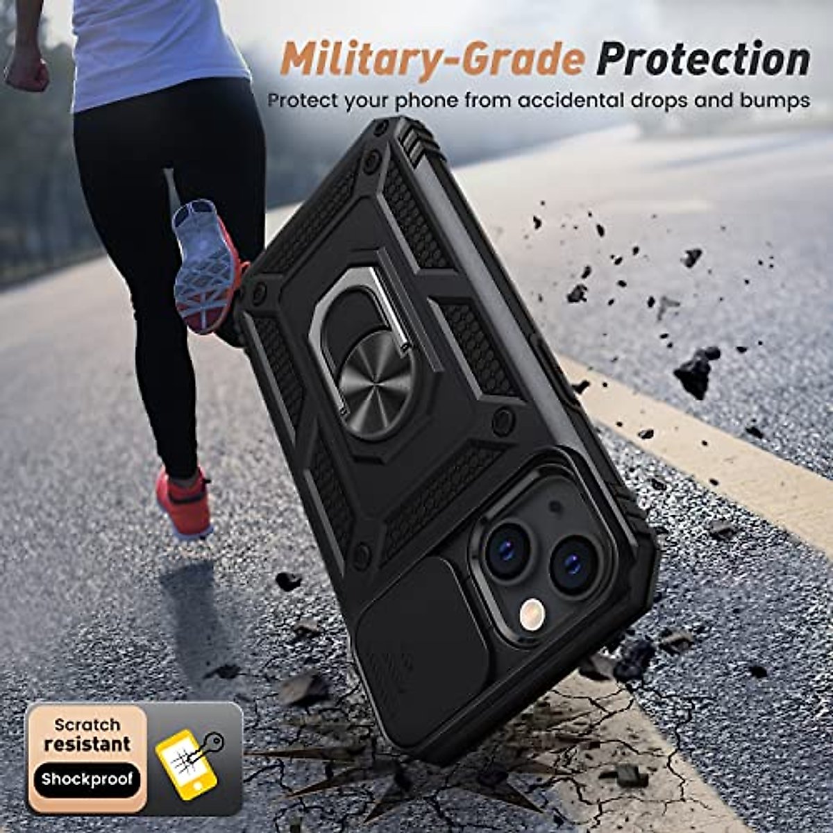 Goton Armor Case for iPhone 14 Case & iPhone 13 Case with Slide Camera Cover & Kickstand, Heavy Duty Military Grade Protection Phone Case, Built-in Rotate Ring Stand, Shockproof Rugged Case Black