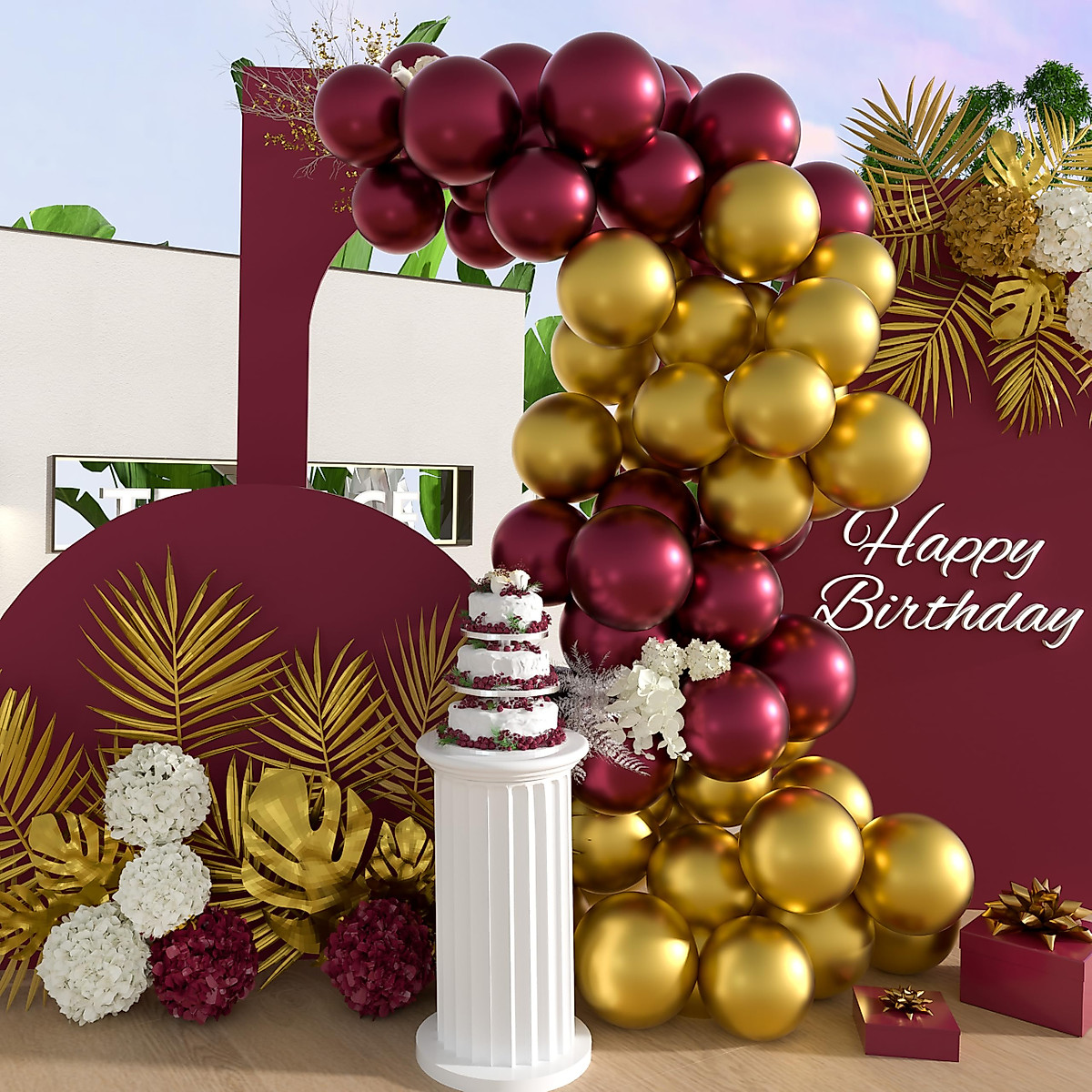 SUWEN Burgundy and Gold Balloons Set 63PCS Latex Shiny Helium 12 Inch Maroon Gold Balloons Metallic for Birthday Graduation Anniversary Party Decorations