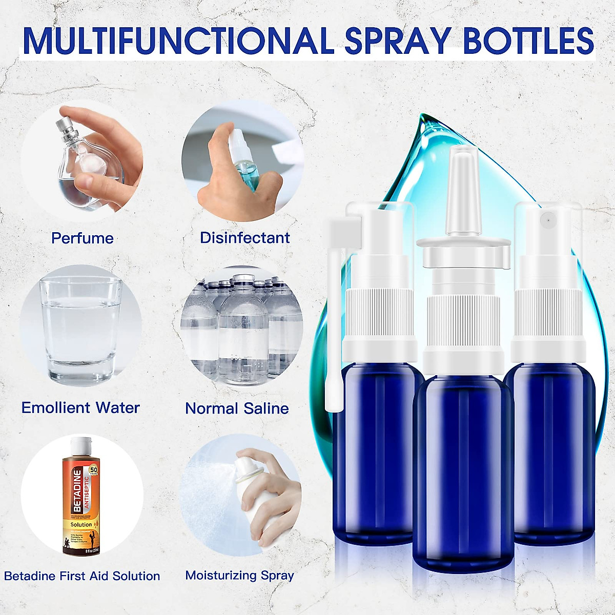 FZENeast Nasal Spray Bottle, 6 Pcs 30ML/1oz Glass Refillable Continuous Fine Mister Spray Bottles, Small Empty Nasal Sprayer with Different Sprayers, Funnels, Travel Clips and Labels(Blue)