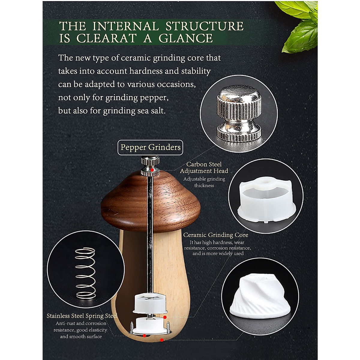 Xirhhur Wooden Salt Pepper Grinder Mini Mushroom Pepper Mill Fun Manual Grinder With Ceramic Grinding Cores Adjustable Coarseness 4.72¡Á1.57 Inches For Sea Salt, Pepper And Spices