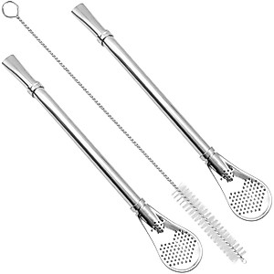 GFDesign Yerba Mate Bombilla Gourd Drinking Filter Straws 304 Food-Grade 18/8 Stainless Steel - Set of 2 with Cleaning Brush - 6.1" Long