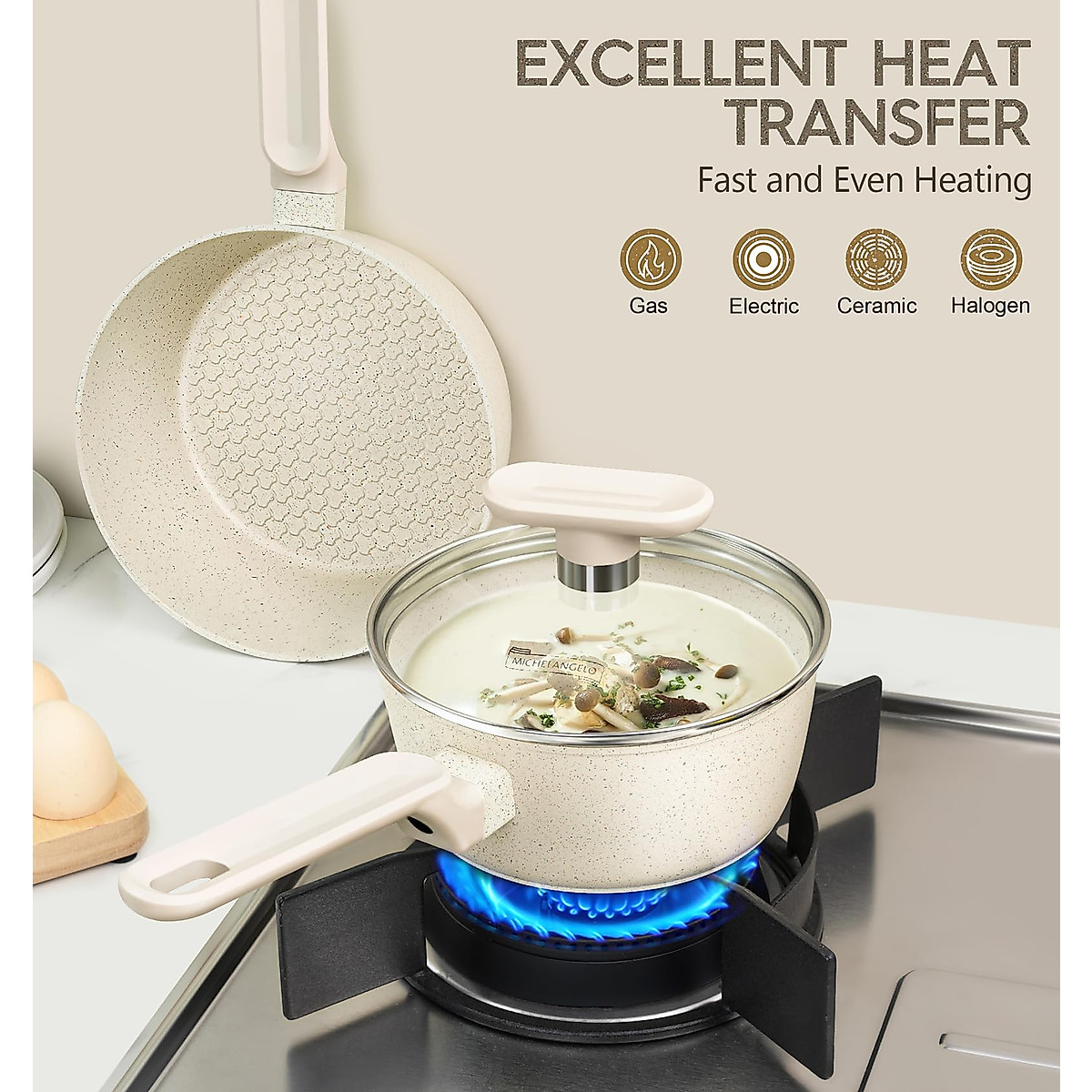 MICHELANGELO Sauce Pan, Nonstick Granite Sauce Pan Set with Lids 1.5 Quart & 2.5 Qaurt, Small Pot Set with Lids, Nonstick Saucepans with Lid, Stone Pot Set - White