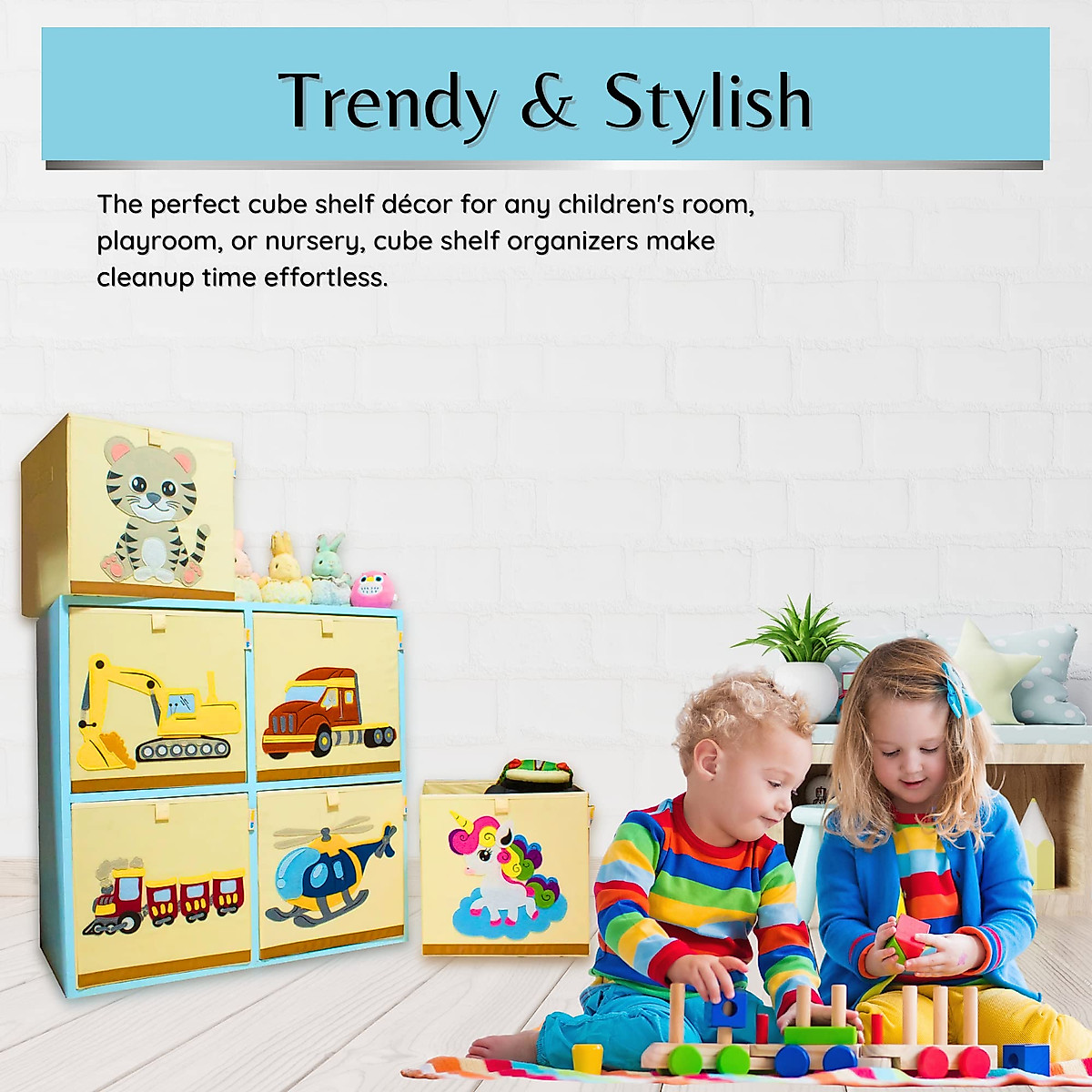 Product 4 Kids - Washable Toy Box Storage Cube, Canvas Toy Chest Organizer Foldable Kids Toy Storage Organizers for Child's Bedroom or Playroom -13x13X13 Inch (Truck+Train)