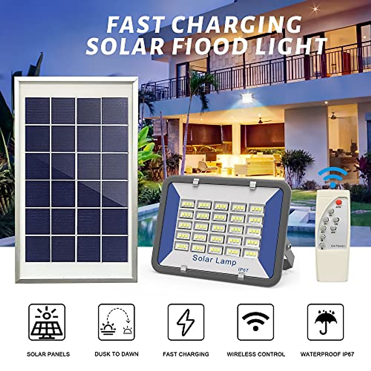 Lmhaichao Solar Flood Lights, 75 LEDs 6500K Dusk to Dawn with Remote Control Solar Flood Lights Outdoor, IP67 Waterproof Solar Power Fflood Lights for Yard, Garden, Shed, Barn, Garage