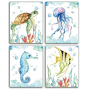 SUUURA-OO Texture of Dreams Watercolor Sea marine life Art Print Set of 4 (8”X10”), Sea Turtle Seahorse fish Wall Poster, Blue Ocean Theme Baby Nursery Kids Room Wall Decor