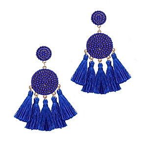 XOCARTIGE Tassel Earrings Thread Fringe Chandelier Drop Dangle Earrings Bohemia Beaded Disc Stud Earring for Women(Blue)