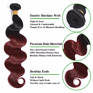 Kapelli Hair 10A Ombre Brazilian Hair Body Wave (T1B/99J,16" 18" 20") Ombre Human Hair 3 Bundles Ombre Brazilian Human Hair Virgin Remy Hair Bundles 2 Tone Black to Burgundy Human Hair Weave