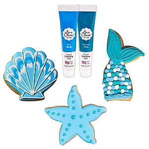 Mermaid Cookie Cutters and Decorating 5-Pc. Set Made in USA by Ann Clark, Starfish, Seashell, Mermaid Tail, Teal & Sky Blue Food Coloring Gel